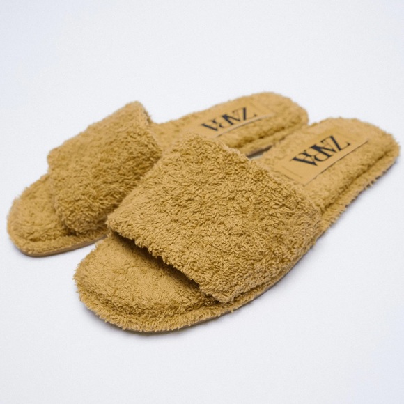 Zara | Shoes | Zara Flat Towelling Terry Cloth Slides Sandals Mustard ...